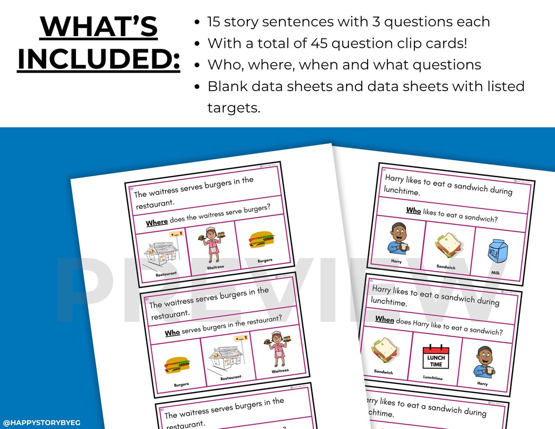 WH Questions Reading Comprehension 15 Sentences 45 Questions Who Where ...