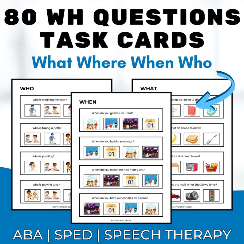 Verbal Behavior ABA 80 WH Questions Task Cards for Intraverbal and LR ...