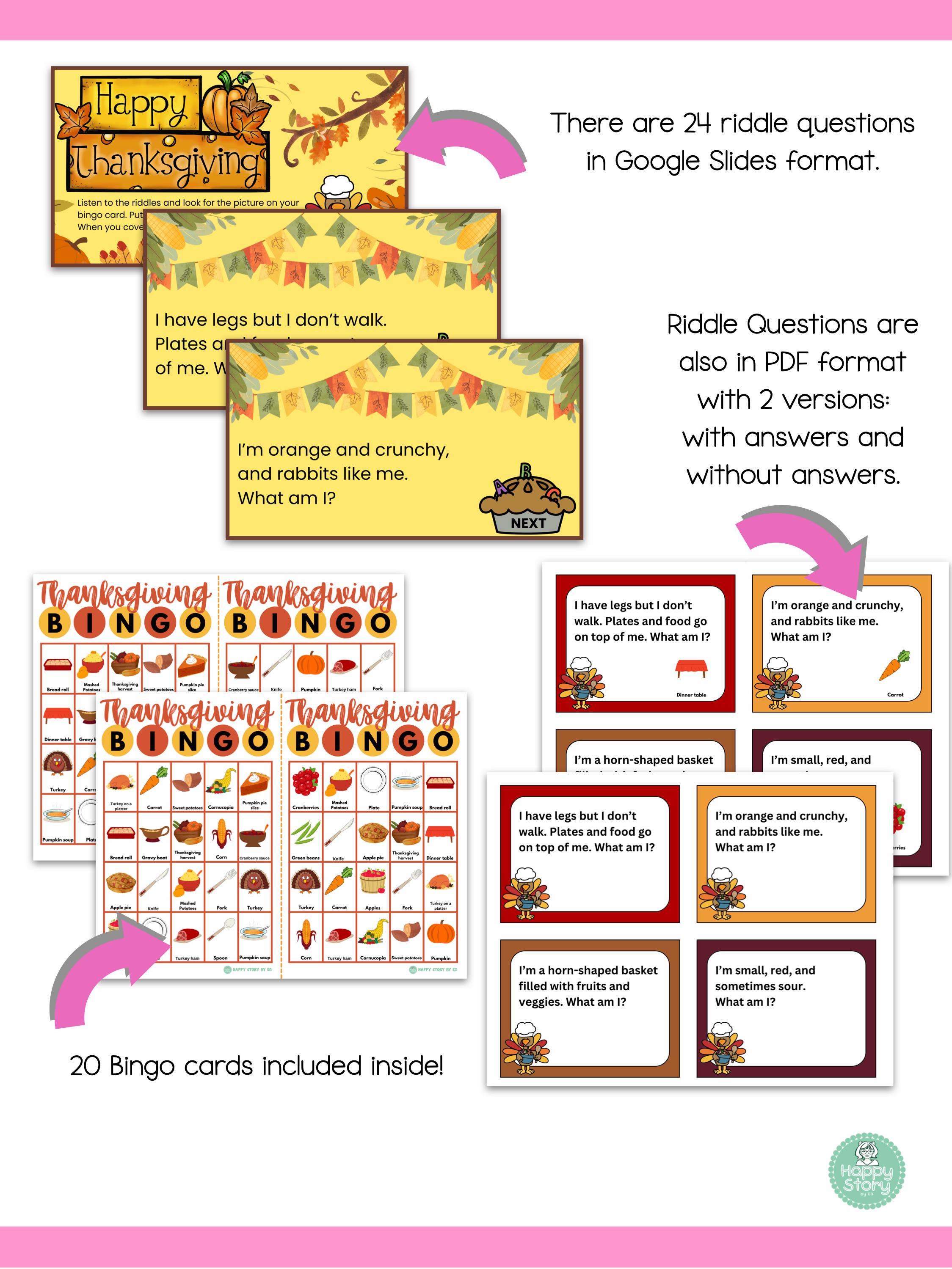 Fall Thanksgiving Dinner Meal Bingo Game With Riddle Questions ...