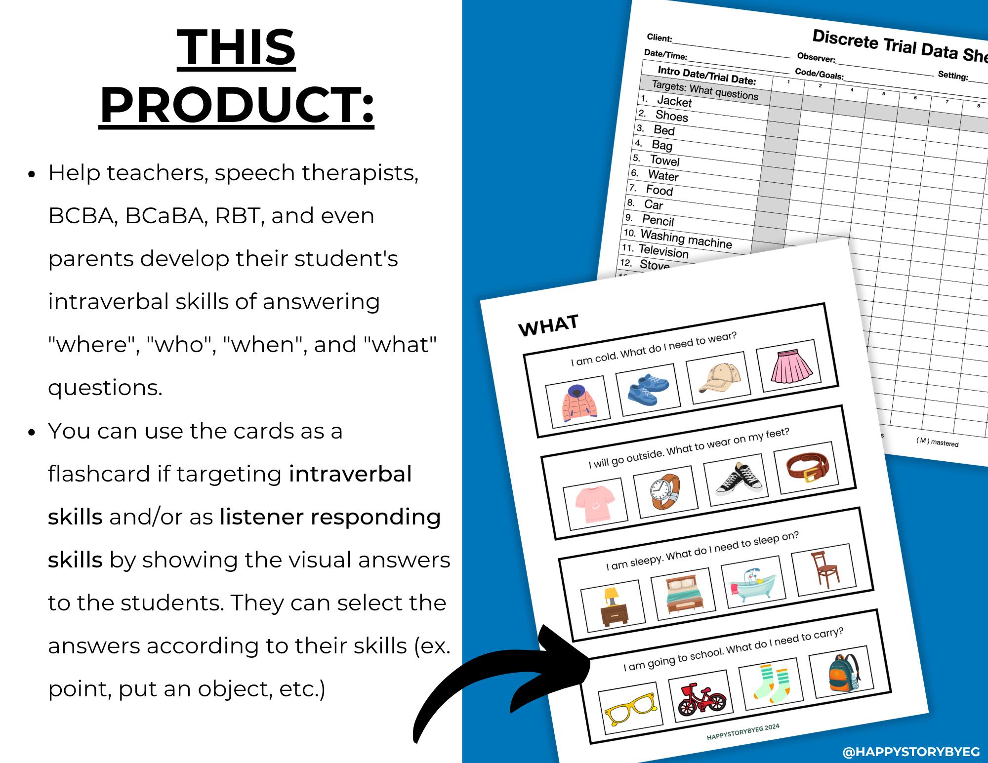 Verbal Behavior ABA 80 WH Questions Task Cards for Intraverbal and LR ...