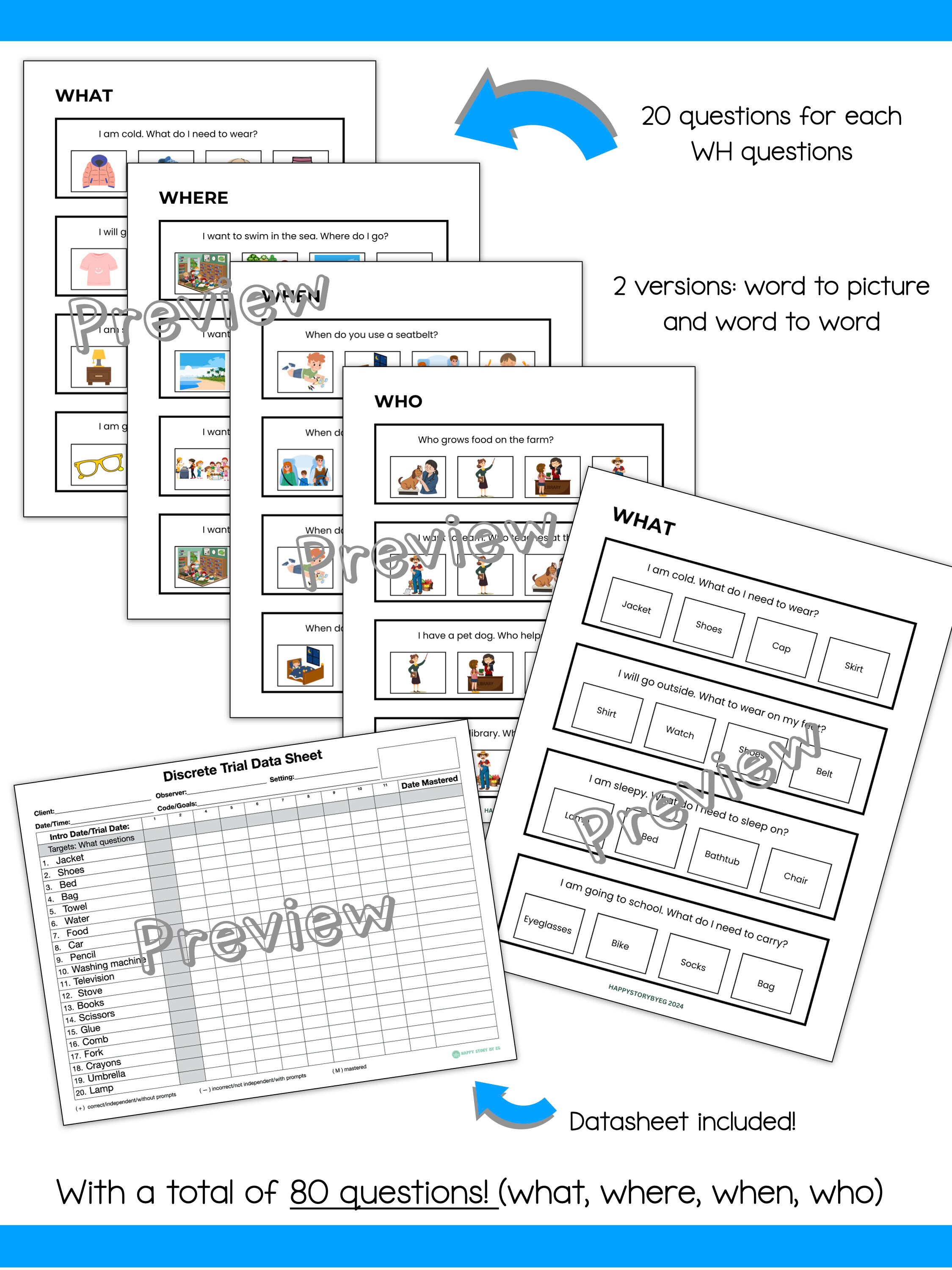 Verbal Behavior ABA 80 WH Questions Task Cards for Intraverbal and LR ...