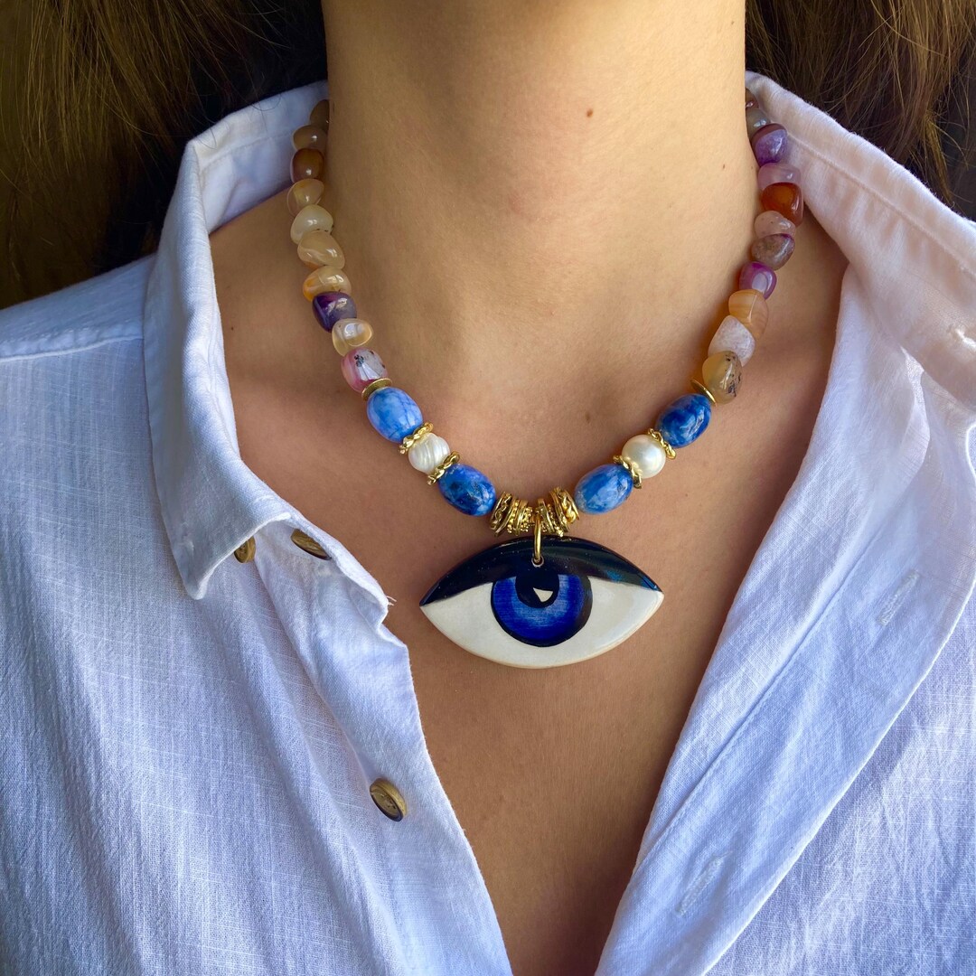 Spiritual Boho Necklace Ceramic Evil Eye Pendant With Agate Sodalite ...