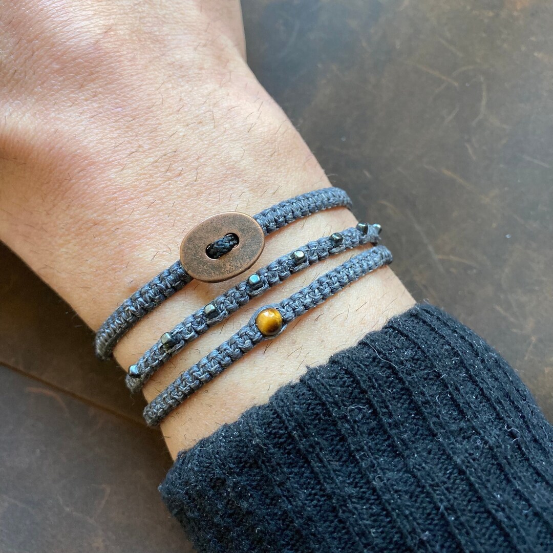 Unisex Bohemian Grey Macrame Bracelet Set With Bronze Button Hematite ...