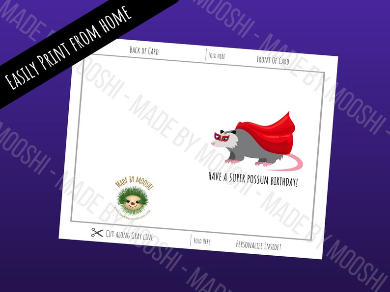 Printable Funny Super Possum Birthday Card, Cute Superhero Animal Pun ...