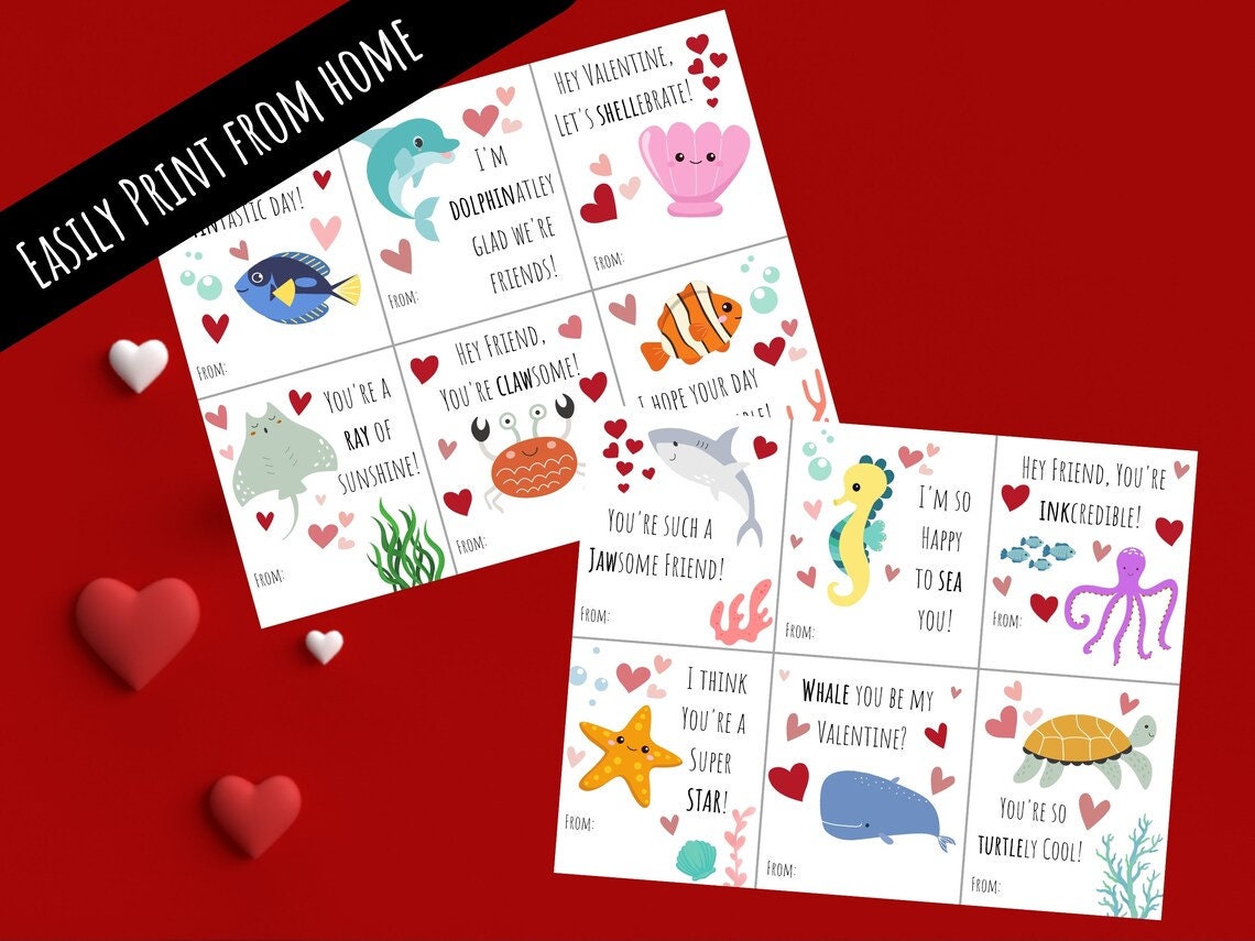 Printable 12 Pack Valentine's Day Cards, Ocean Theme for Kids, Cute and ...