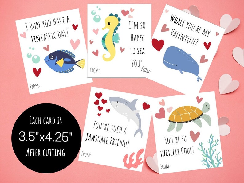 Printable 12 Pack Valentine's Day Cards, Ocean Theme for Kids, Cute and ...