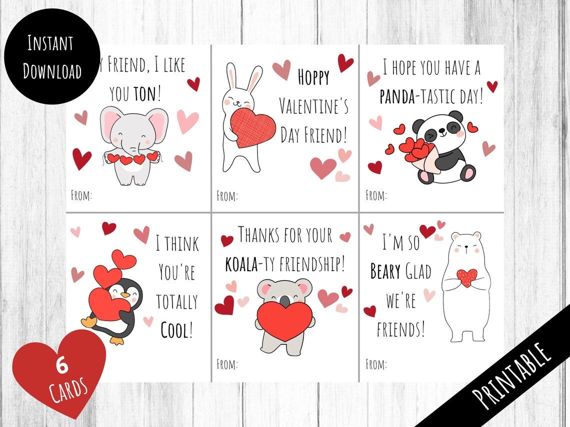 Printable 6 Pack Valentine's Day Cards, Animal Theme for Kids, Cute and ...