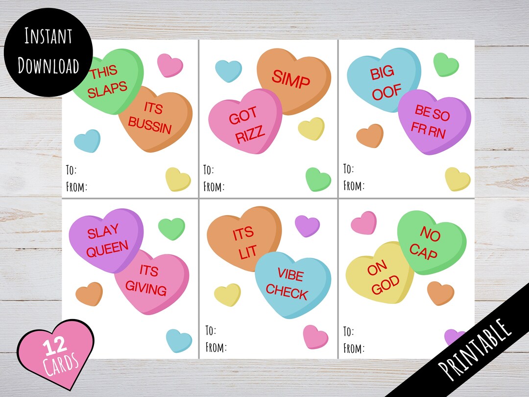 Printable 12 Pack Funny Candy Heart Cards, Valentine's Day Gen Z ...