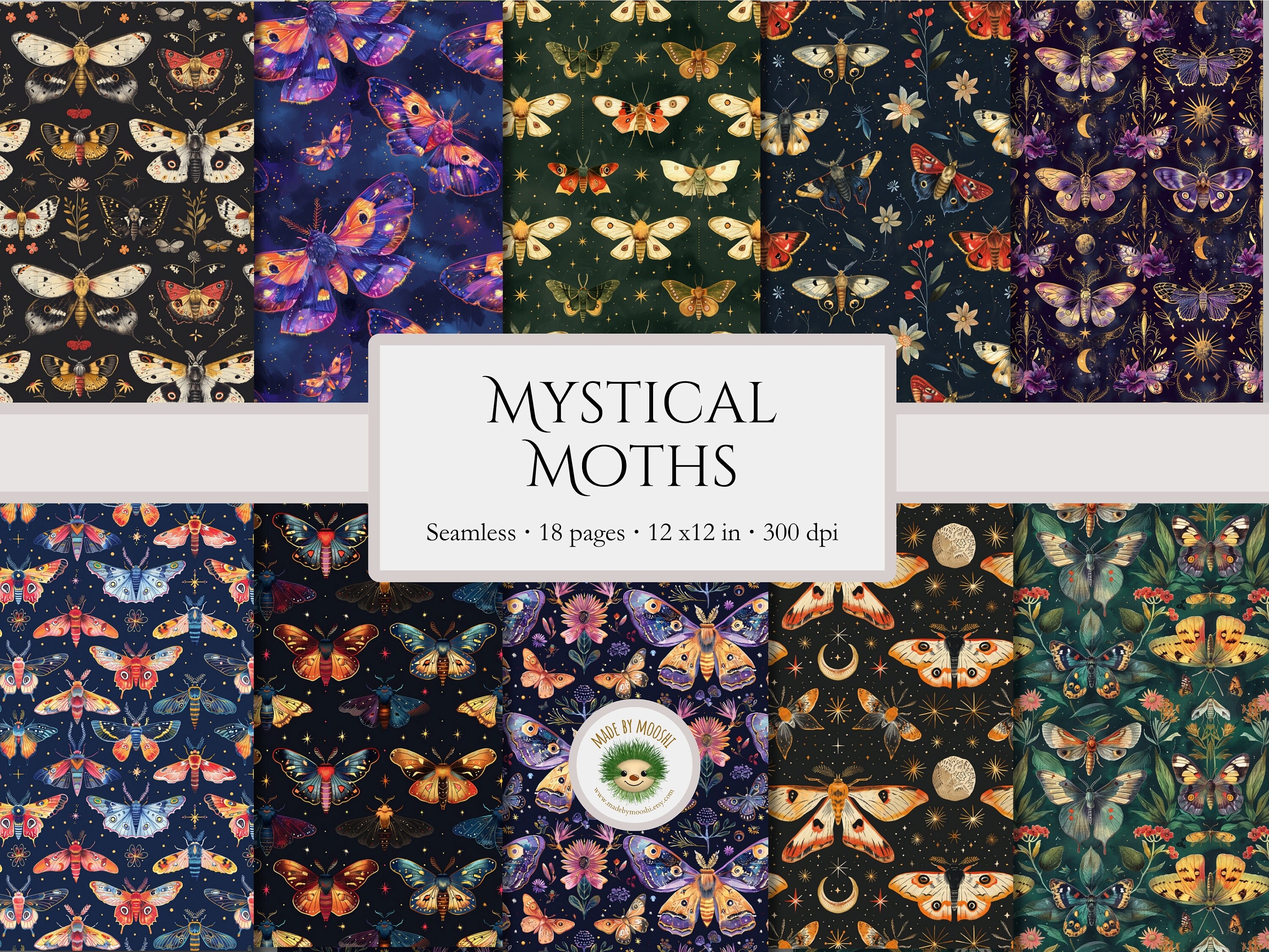 Mystical Moths Digital Paper, Witchy Magical Flying Night Moths Moths Seamless Pattern, Dark ...