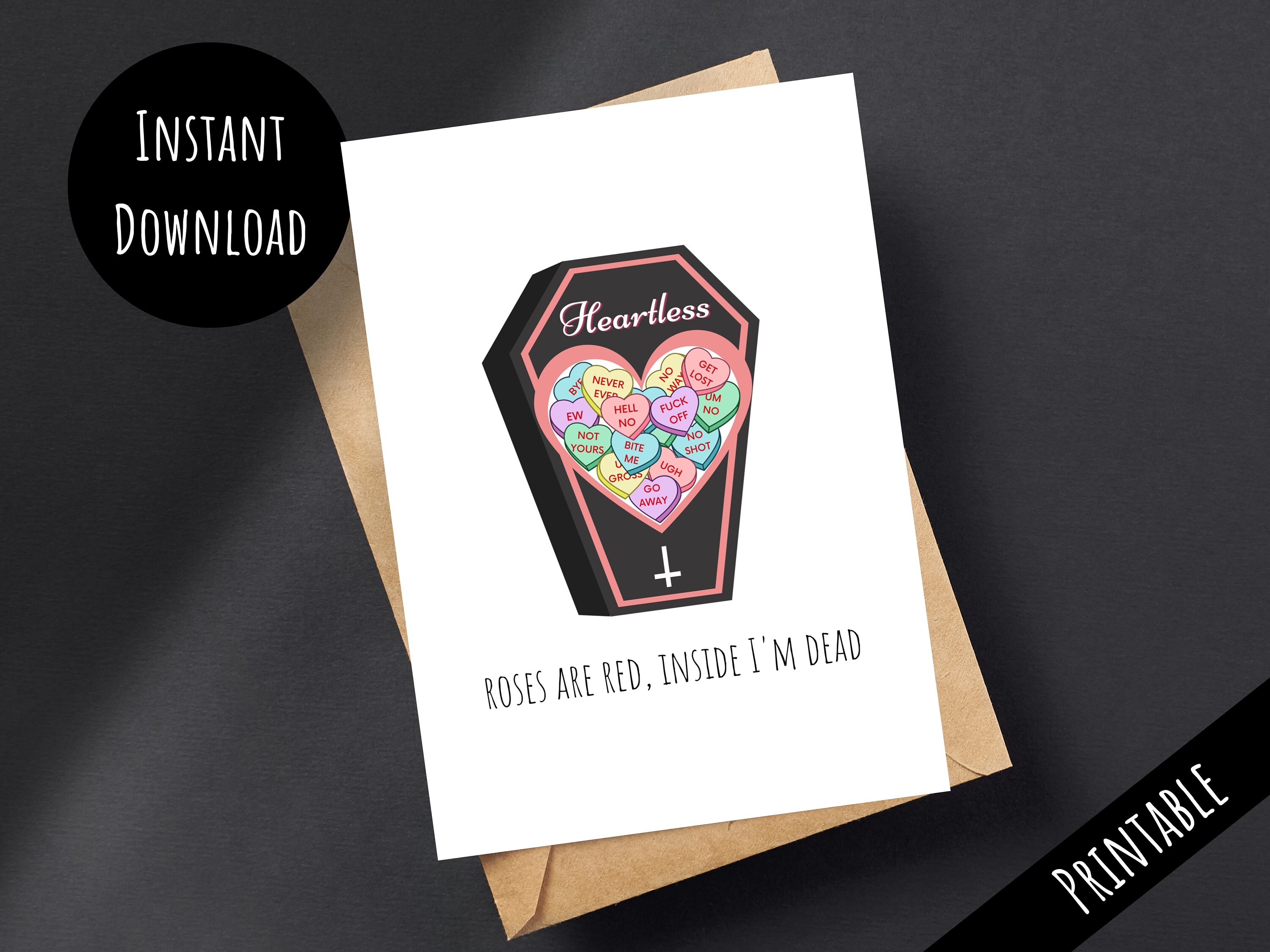 Printable Heartless Anti Valentine's Day Card, Spooky Emo Rejection ...