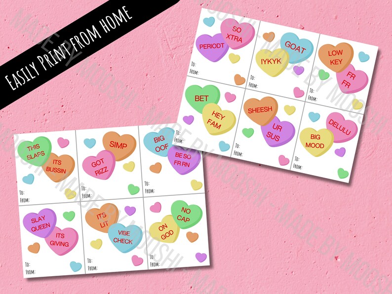 Printable 12 Pack Funny Candy Heart Cards, Valentine's Day Gen Z ...