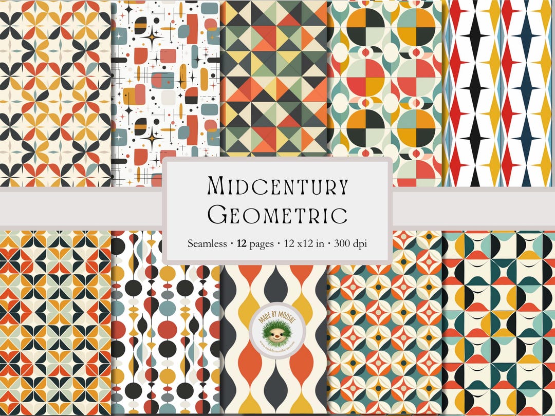 Midcentury Modern Geometric Digital Paper, Retro Abstract 70's Groovy ...