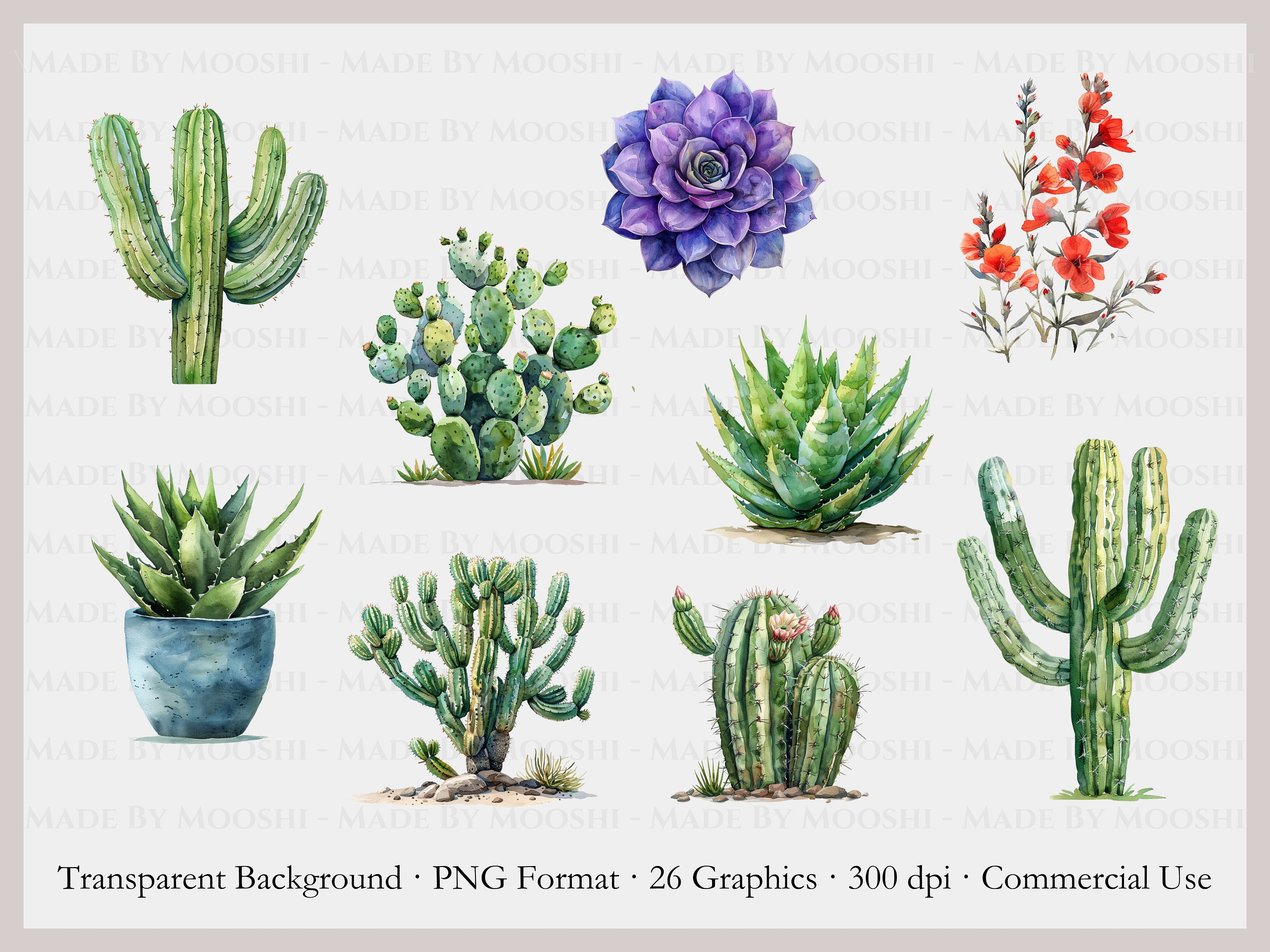 Desert Plants Watercolor Bundle Clipart, Cactus Flowers Sublimation ...