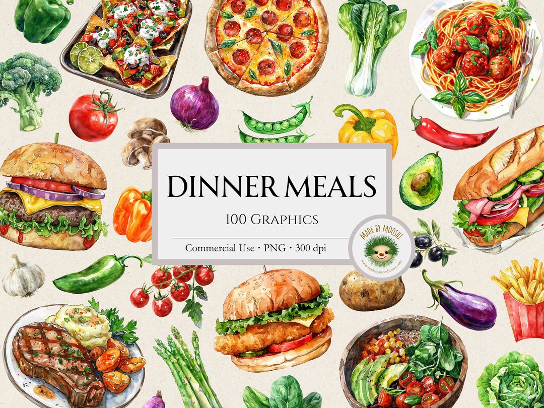 Dinner Meals Watercolor Clipart Bundle, Assorted Vegetable Dinner Plate ...