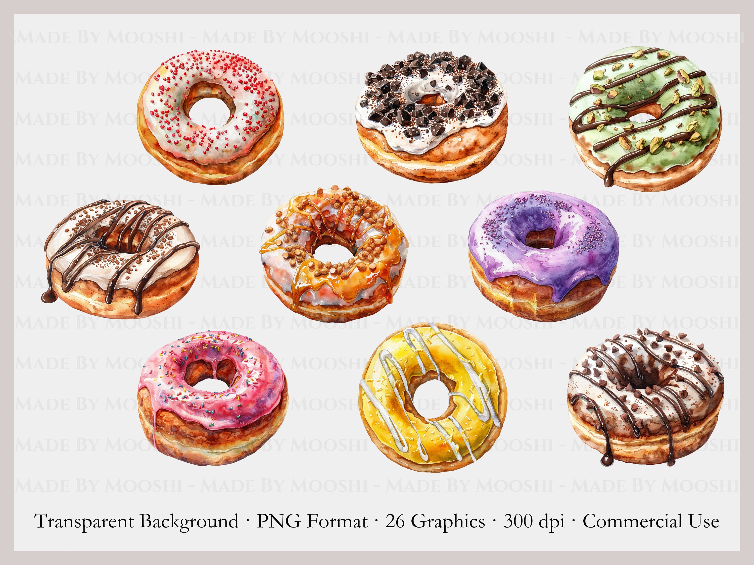 Donuts Watercolor Bundle Clipart, Assorted Frosted Sprinkle Donut ...
