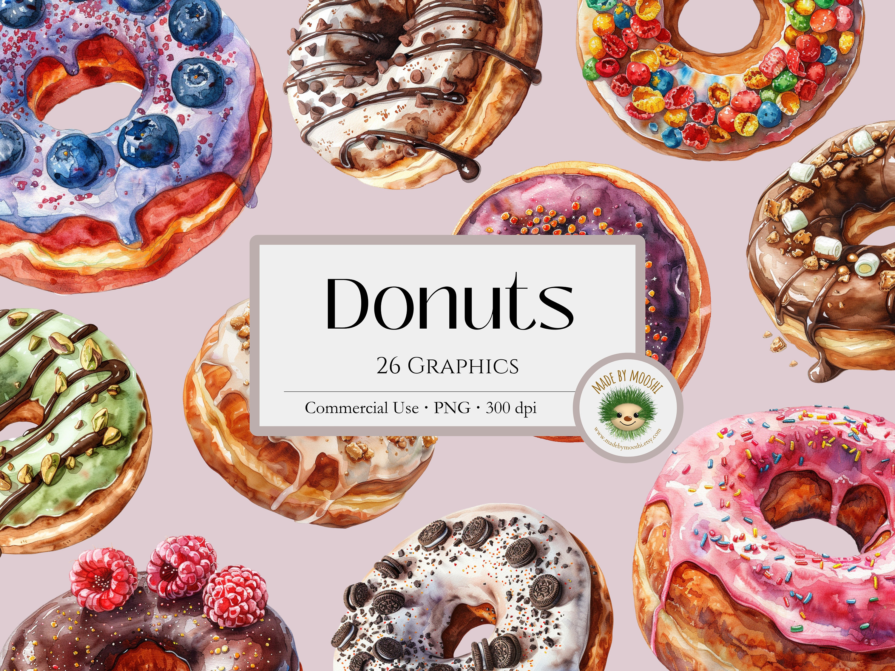 Donuts Watercolor Bundle Clipart, Assorted Frosted Sprinkle Donut ...