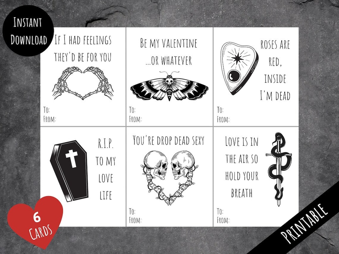 Printable 6 Pack Valentines, Spooky Emo Skull Cards, Funny Goth Anti ...