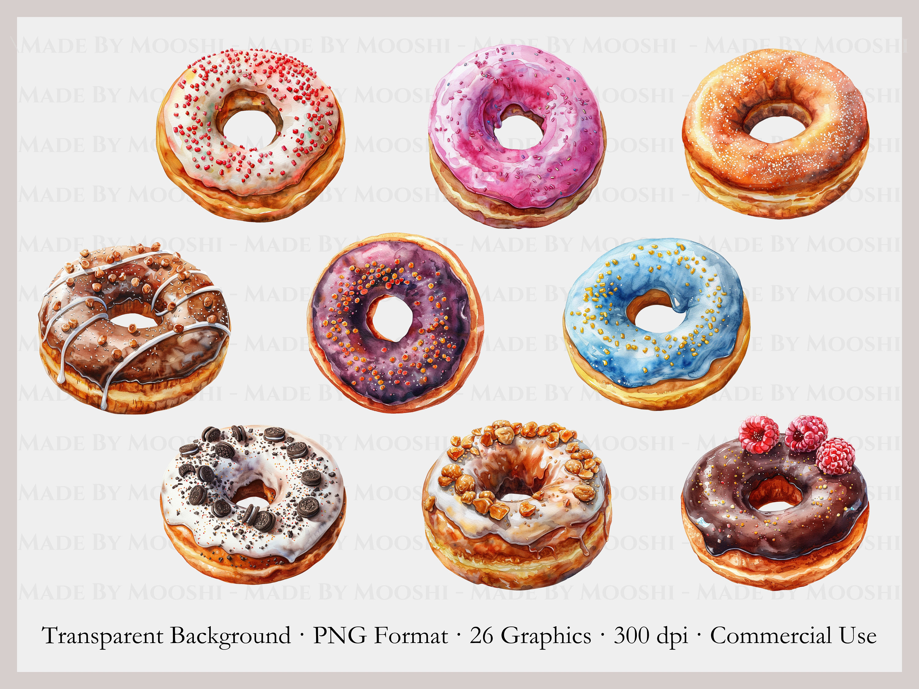 Donuts Watercolor Bundle Clipart, Assorted Frosted Sprinkle Donut ...