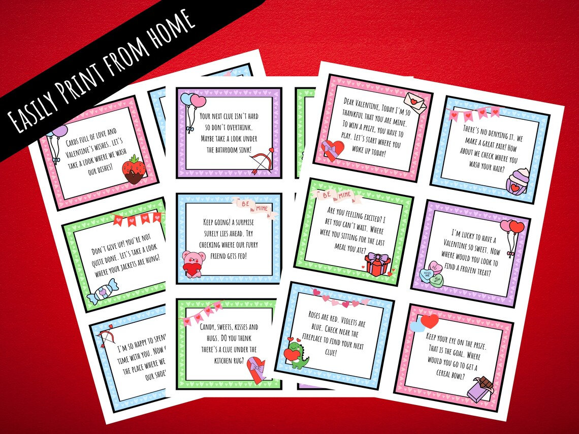 Printable Valentine's Day Scavenger Hunt Clues, Indoor Treasure Hunt ...