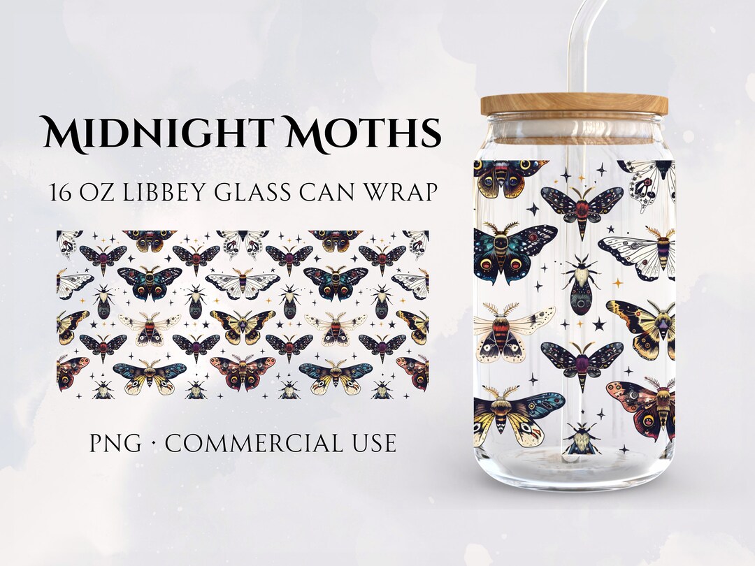 Midnight Moths Libbey Glass Wrap, Cute Magical Witchy Insects Moon Stars Spooky Graphics, 16oz ...