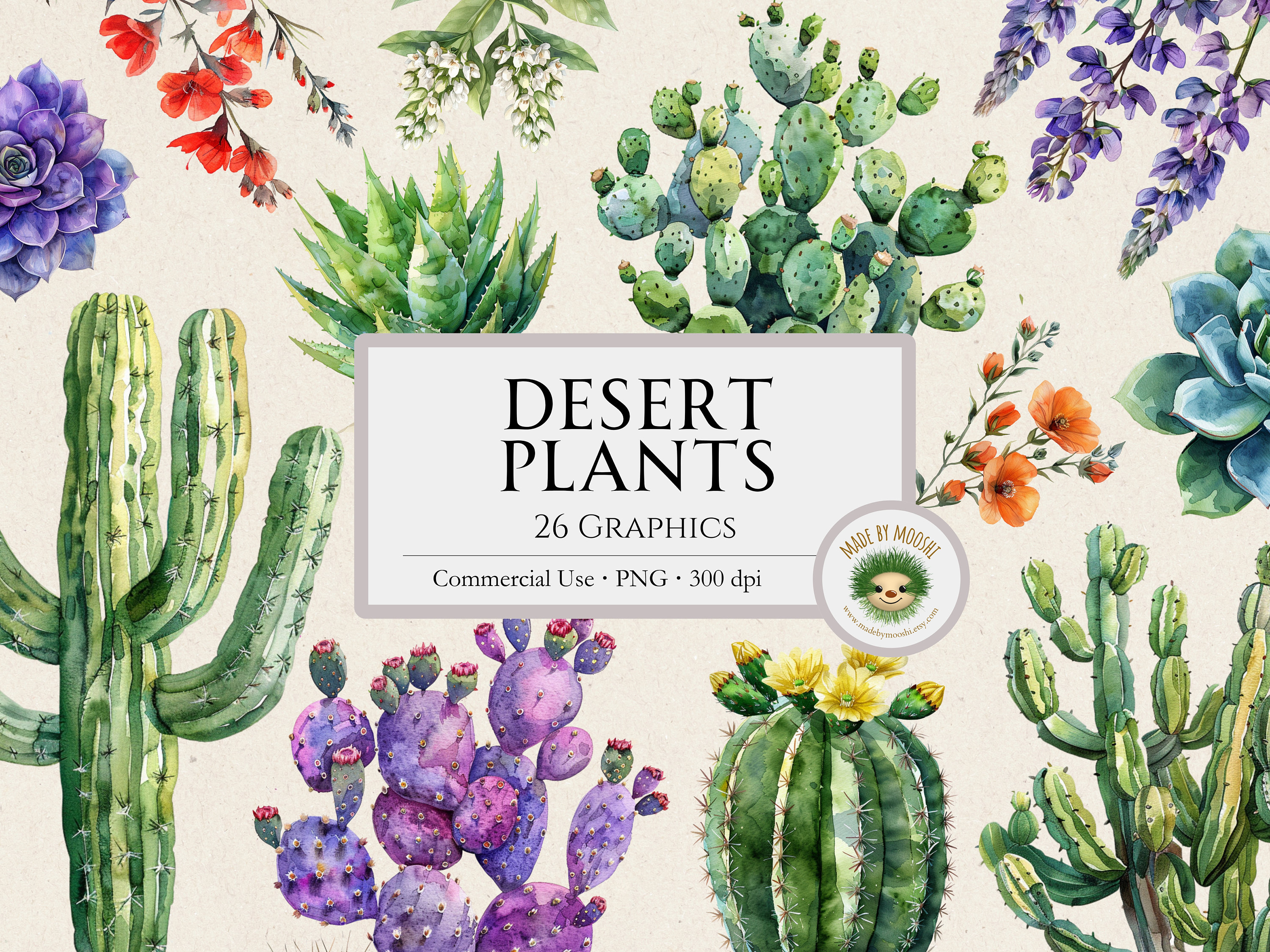 Desert Plants Watercolor Bundle Clipart, Cactus Flowers Sublimation ...