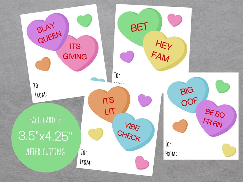 Printable 12 Pack Funny Candy Heart Cards, Valentine's Day Gen Z ...