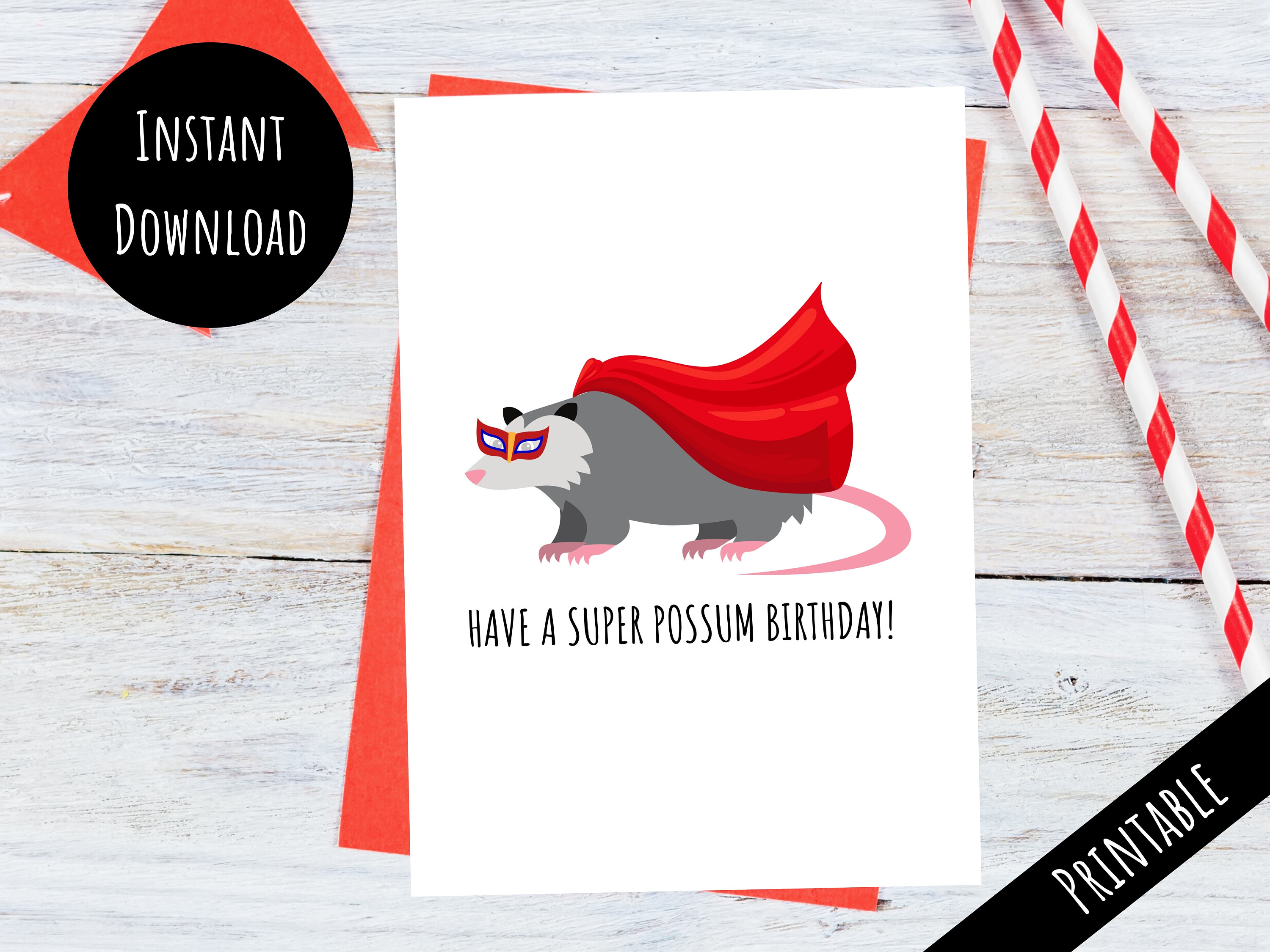 Printable Funny Super Possum Birthday Card, Cute Superhero Animal Pun ...