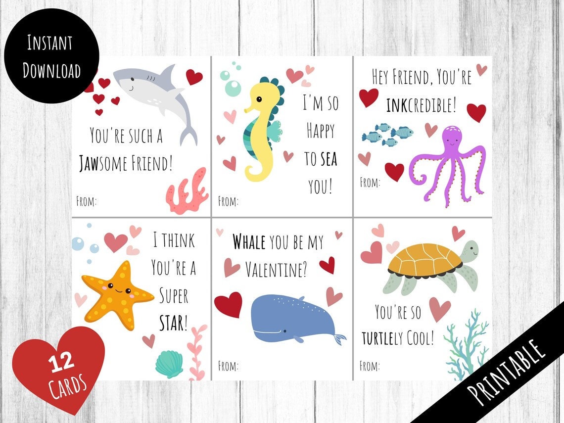 Printable 12 Pack Valentine's Day Cards, Ocean Theme for Kids, Cute and ...