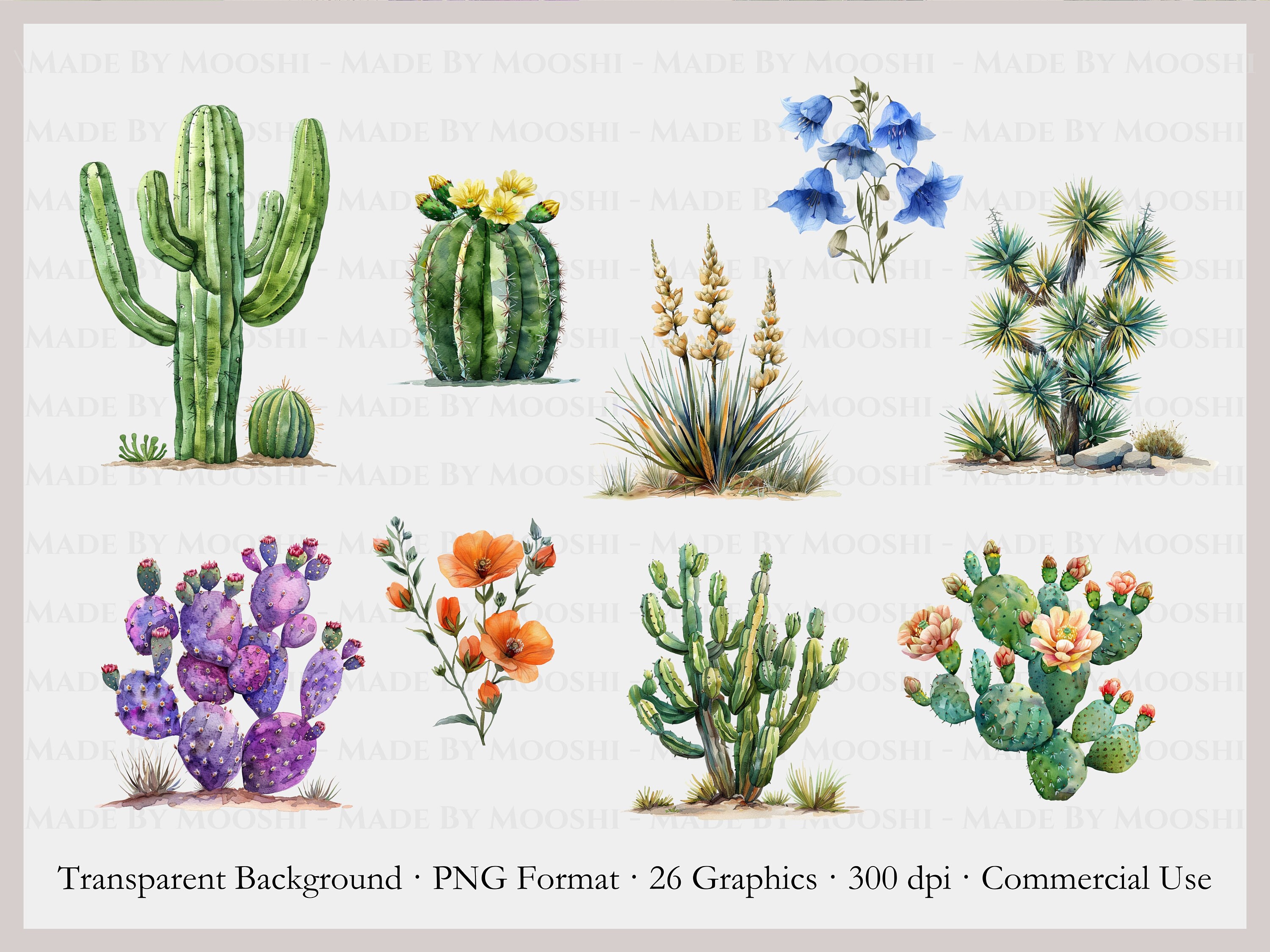 Desert Plants Watercolor Bundle Clipart, Cactus Flowers Sublimation ...