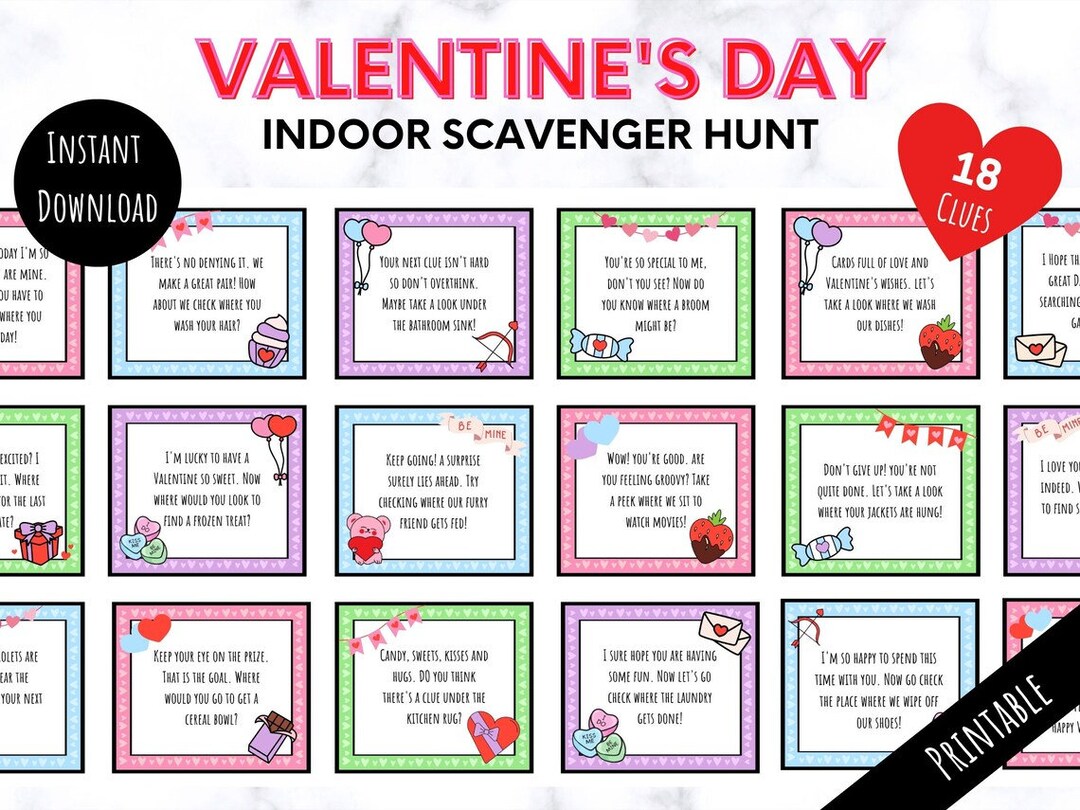 Printable Valentine's Day Scavenger Hunt Clues, Indoor Treasure Hunt ...