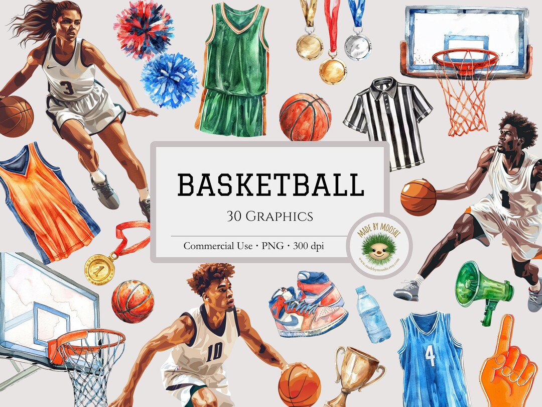 Basketball Watercolor Bundle Clipart, Basketball Court Hoop Team ...