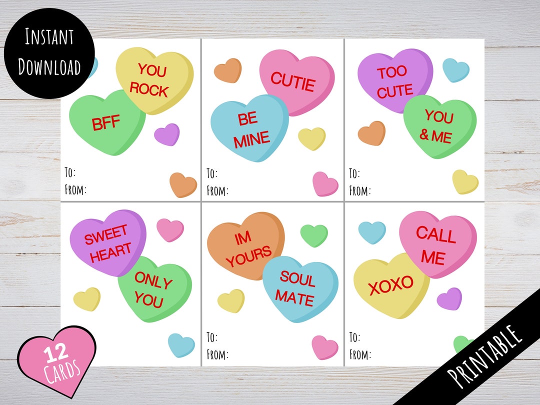 Printable 12 Pack Candy Heart Cards, Valentine's Day Conversation ...