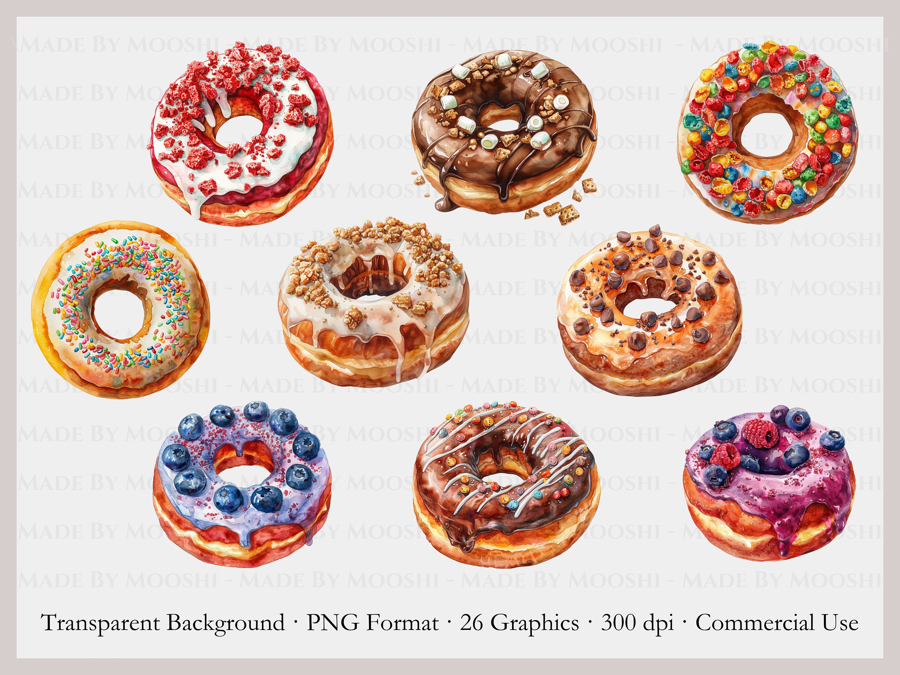Donuts Watercolor Bundle Clipart, Assorted Frosted Sprinkle Donut ...