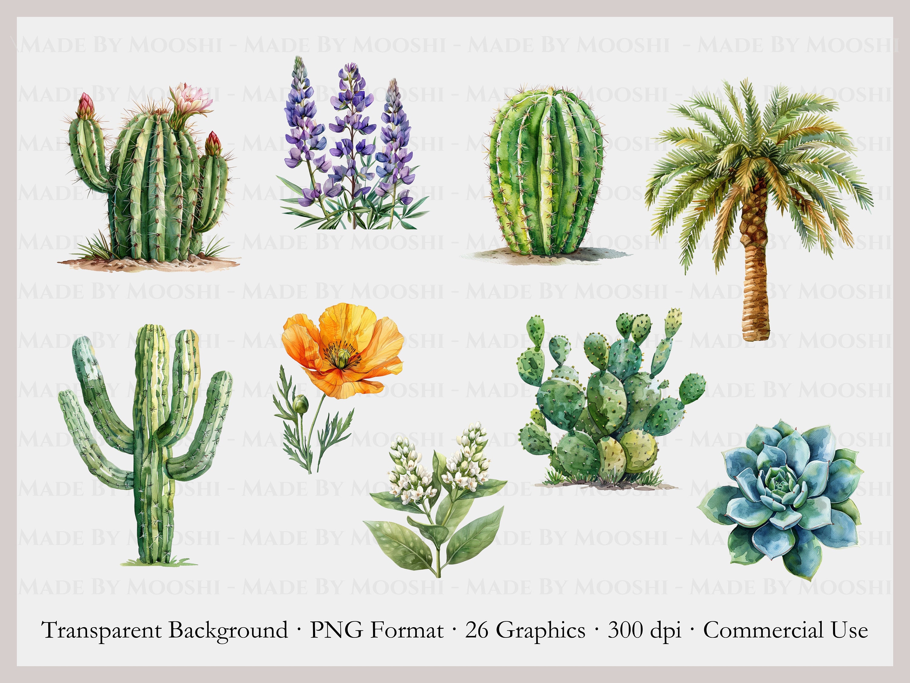 Desert Plants Watercolor Bundle Clipart, Cactus Flowers Sublimation ...