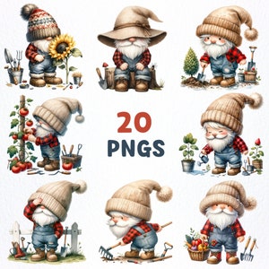 Watercolor Farmer Gnome Clipart PNG Bundle | 20 High-quality Pngs ...