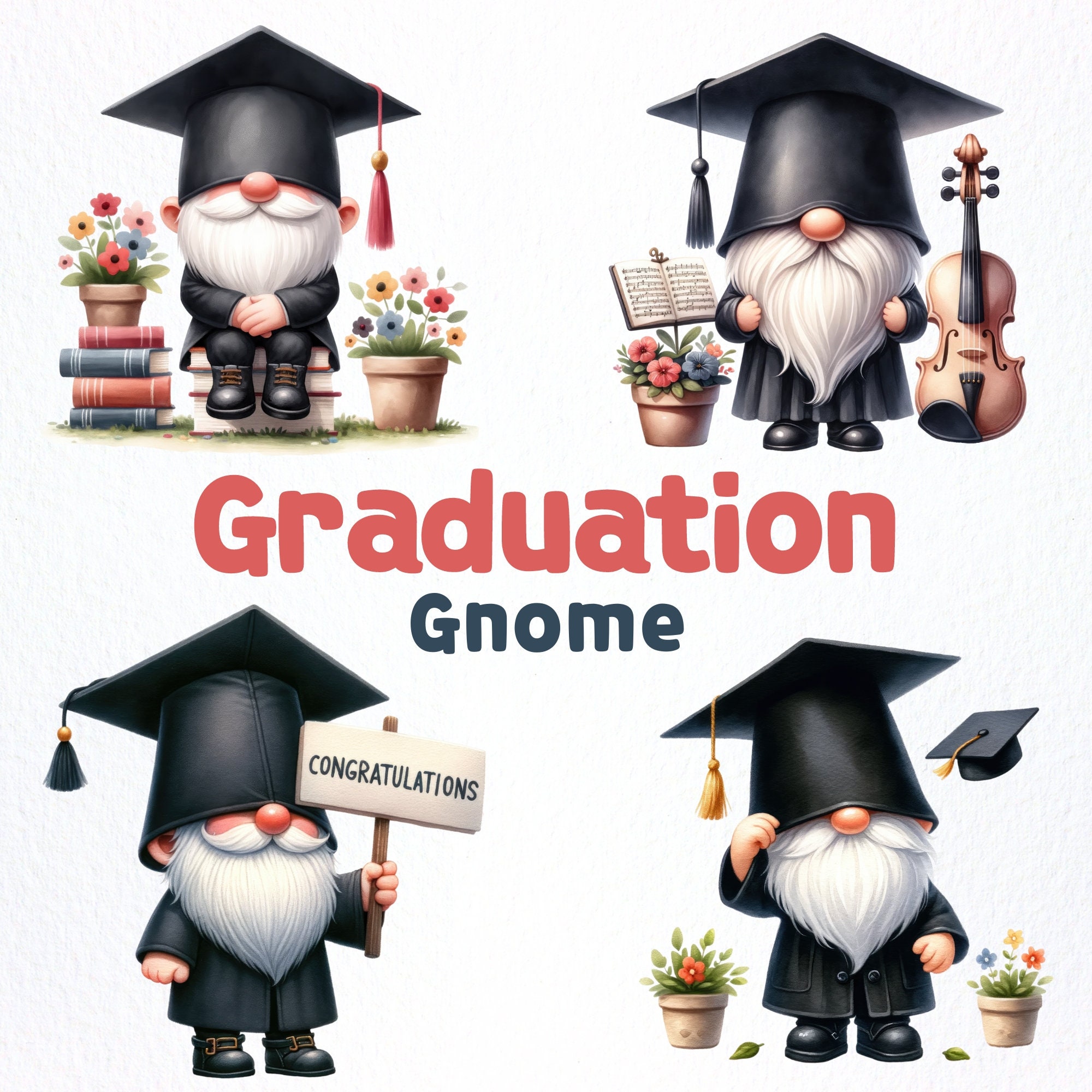 Watercolor Graduation Gnome Clipart PNG Bundle 20 High-quality Pngs ...