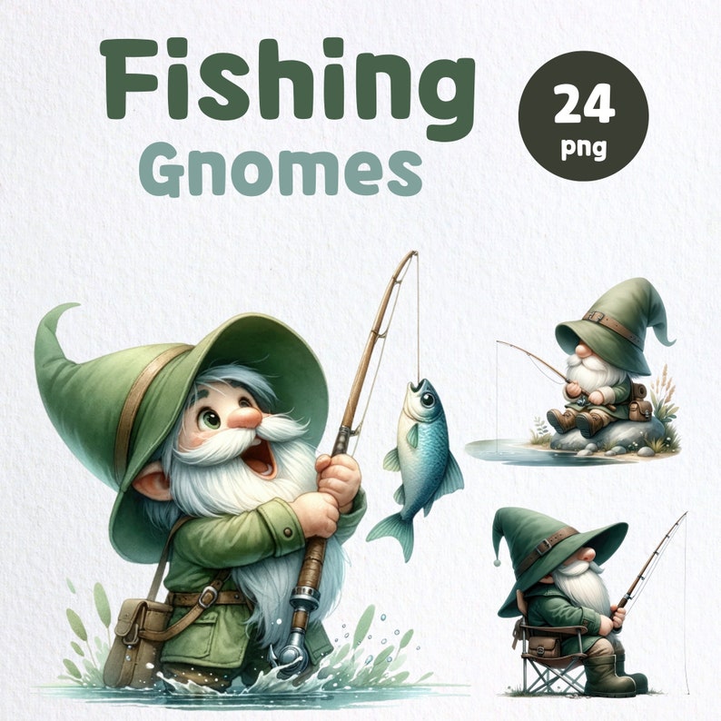 Watercolor Fishing Gnomes, Fisherman Gnome Png, Fly Fishing Gnomes ...