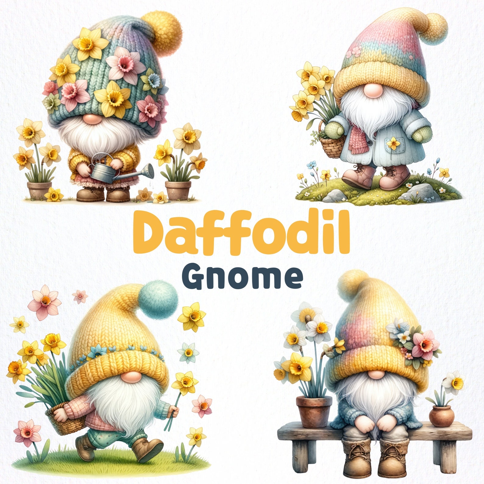 Watercolor Daffodil Flower Gnome Clipart PNG Bundle 20 High-quality Pngs Nursery Decor, Nursery ...