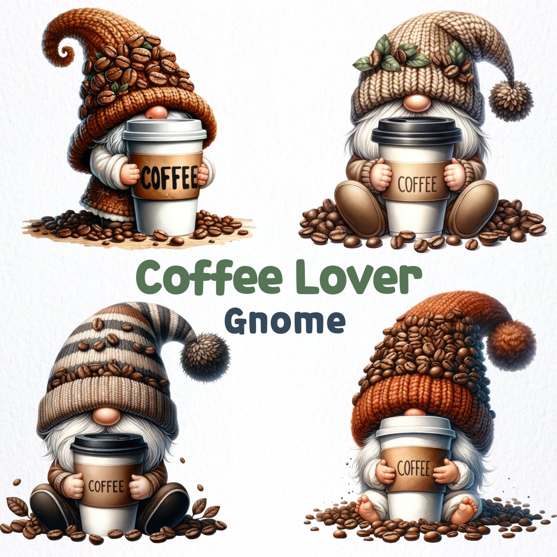 Watercolor Coffee Lover Gnome Clipart Bundle 20 High-quality Pngs ...