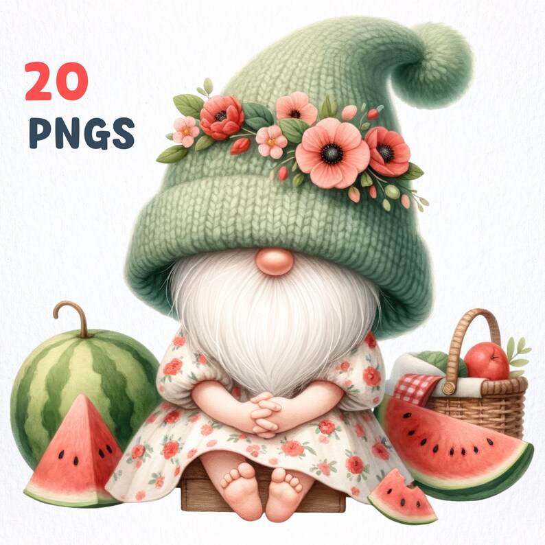 Watercolor Watermelon Gnome Clipart Bundle 20 High-quality Pngs Melon ...