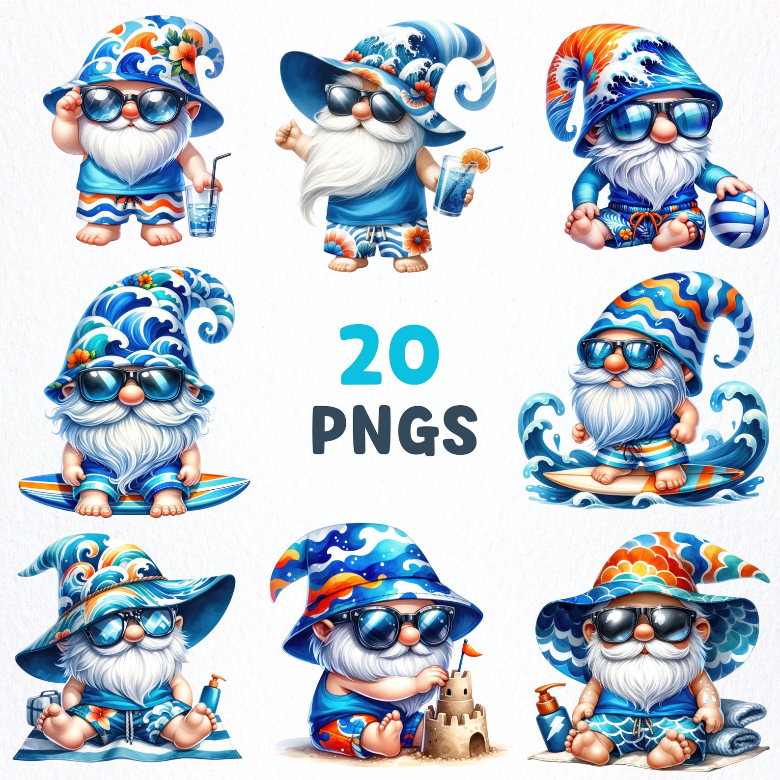 Watercolor Summer Beach Gnome Clipart Bundle 20 High-quality Pngs Gnome ...