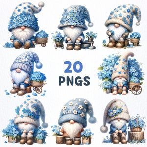 Watercolor Forget Me Not Gnome Clipart Bundle | 20 High-quality Pngs ...