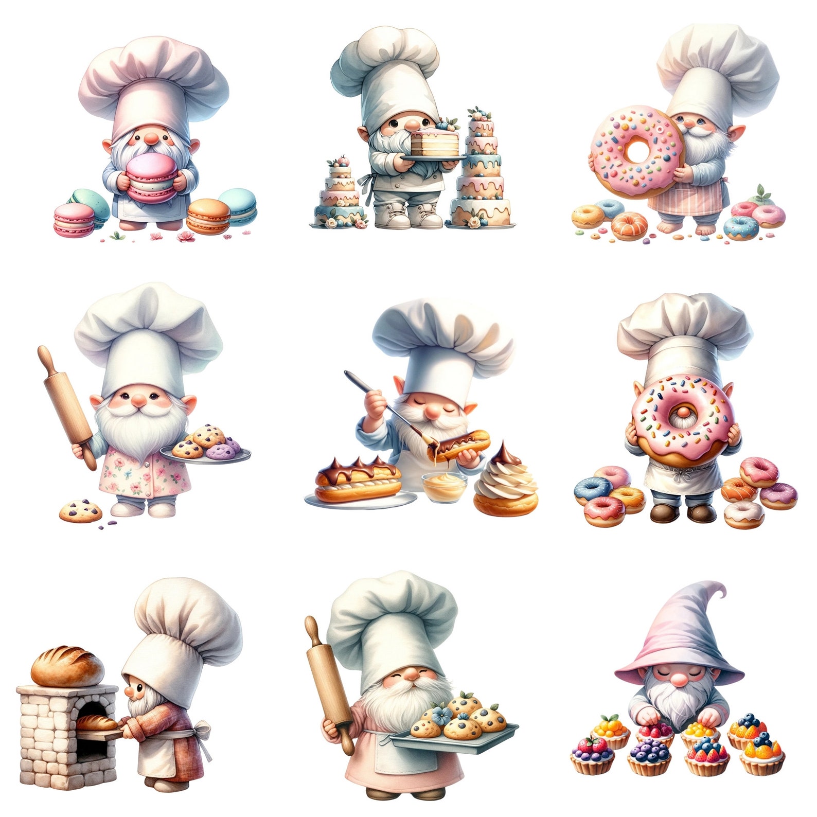 Watercolor Baker Gnomes, Baking Gnomes Png, Chef Gnome, Cute Gnomes ...