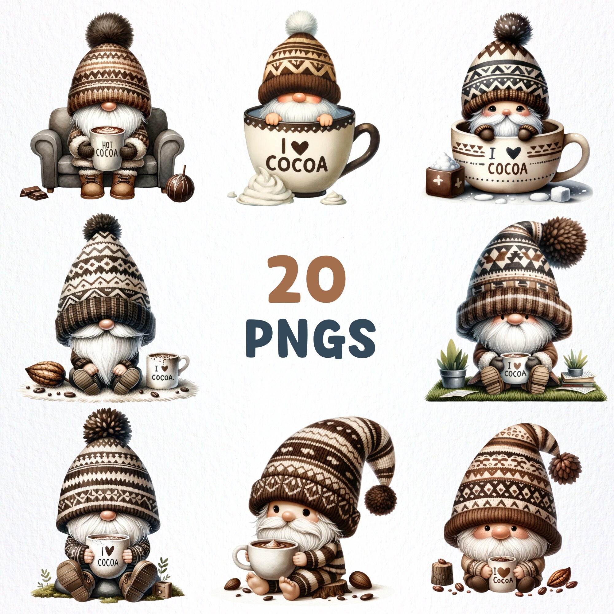Watercolor Cocoa Lover Gnome Clipart PNG Bundle 20 High-quality Pngs ...