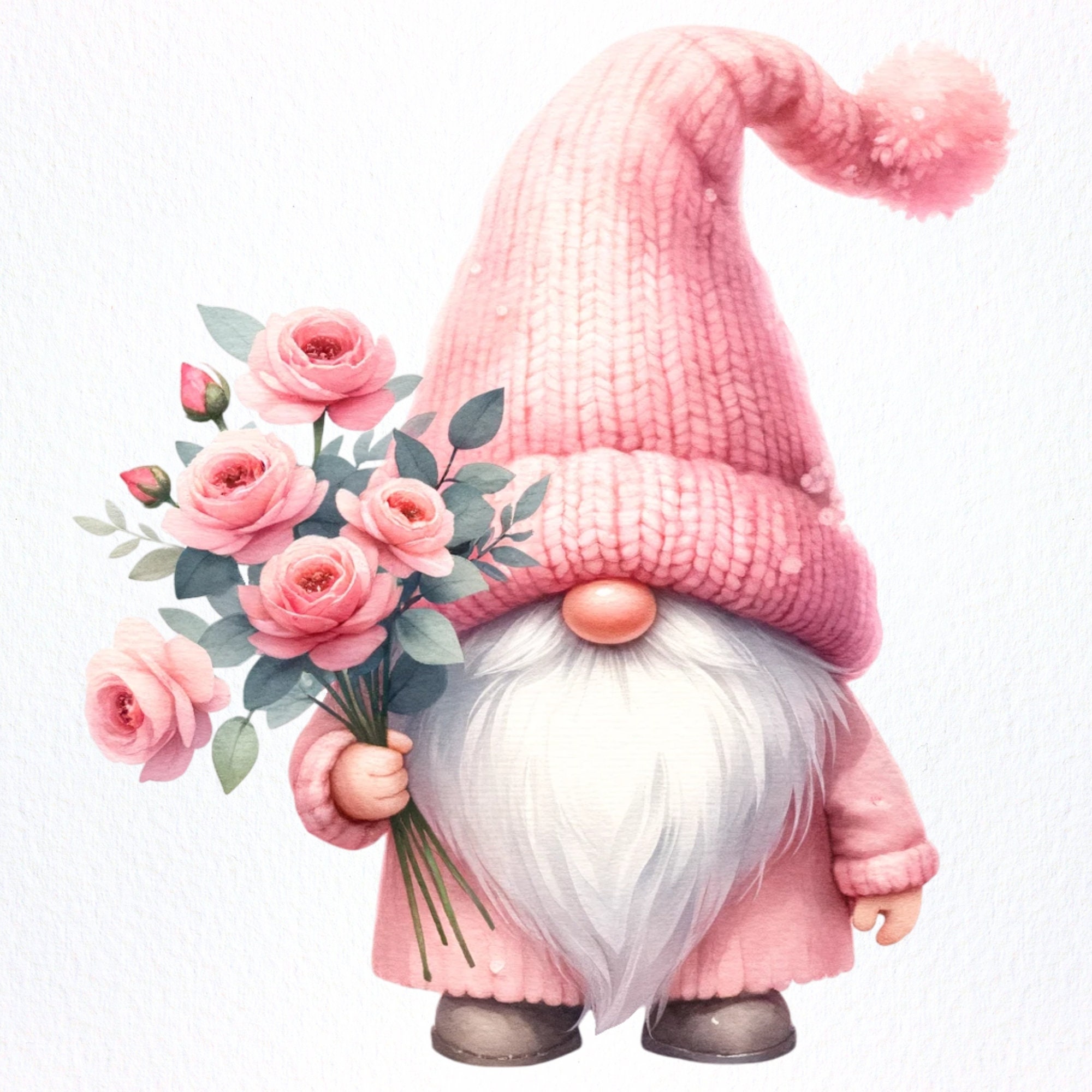 Watercolor Gnome With Pink Rose Clipart 10 High-quality Pngs Digital ...