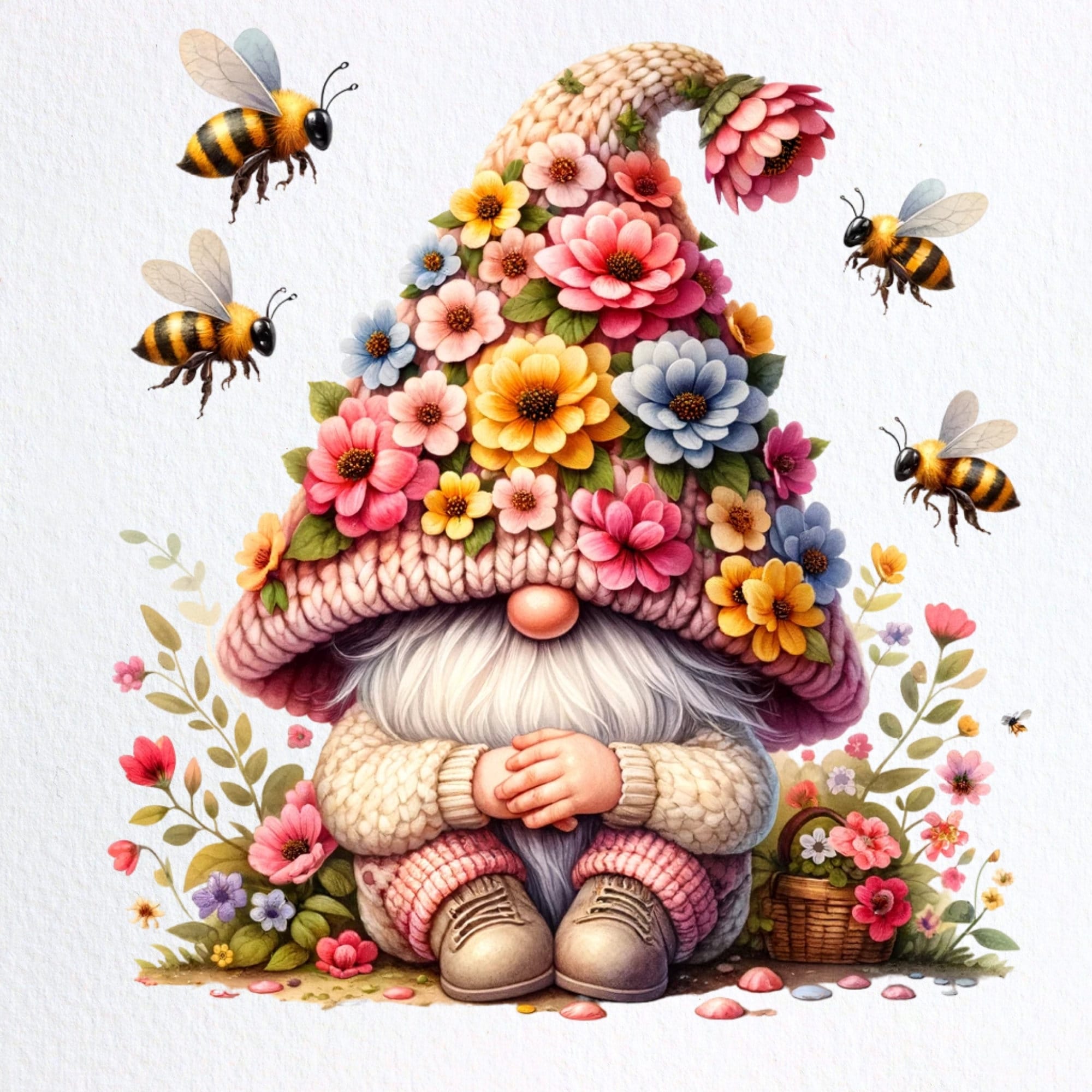 Watercolor Flower Bee Gnomes, Gnome With Flowers Png, Spring Gnomes ...