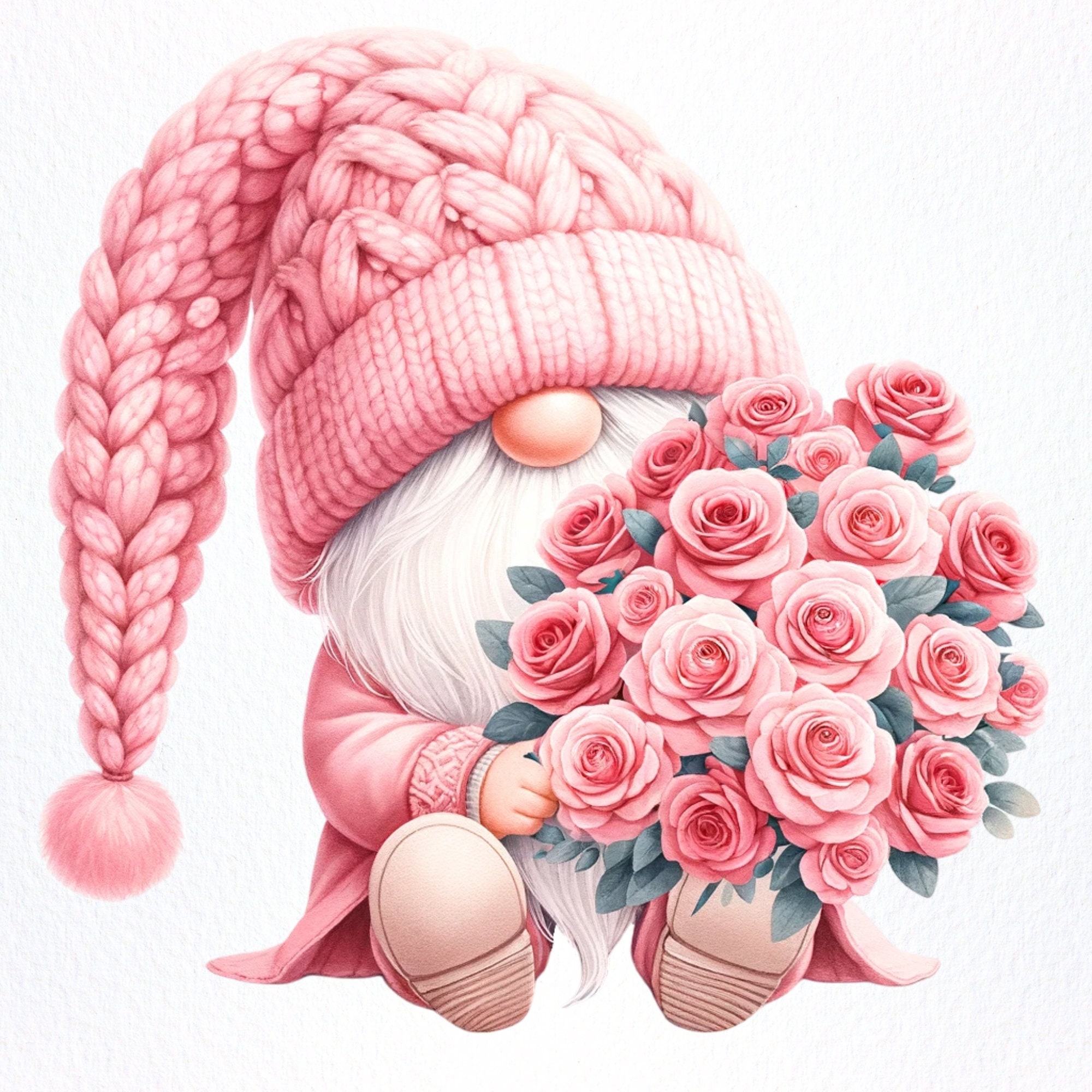 Watercolor Gnome With Pink Rose Clipart 10 High-quality Pngs Digital ...