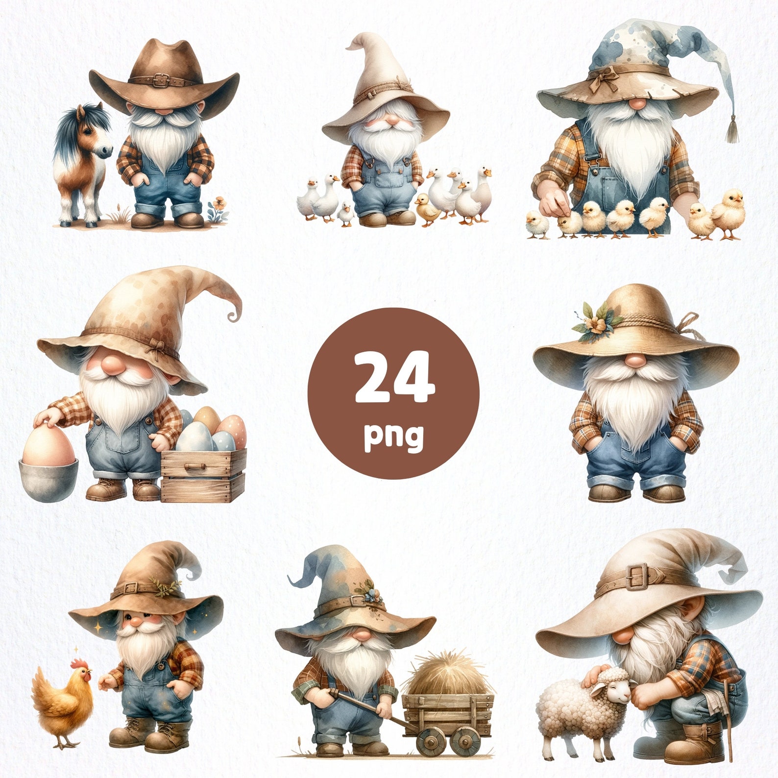 Watercolor Animal Farm Gnomes, Animal Farm Gnome Png, Farmer Gnomes ...