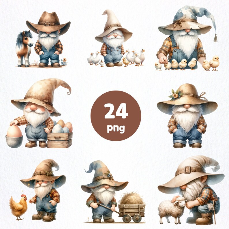 Watercolor Animal Farm Gnomes, Animal Farm Gnome Png, Farmer Gnomes ...
