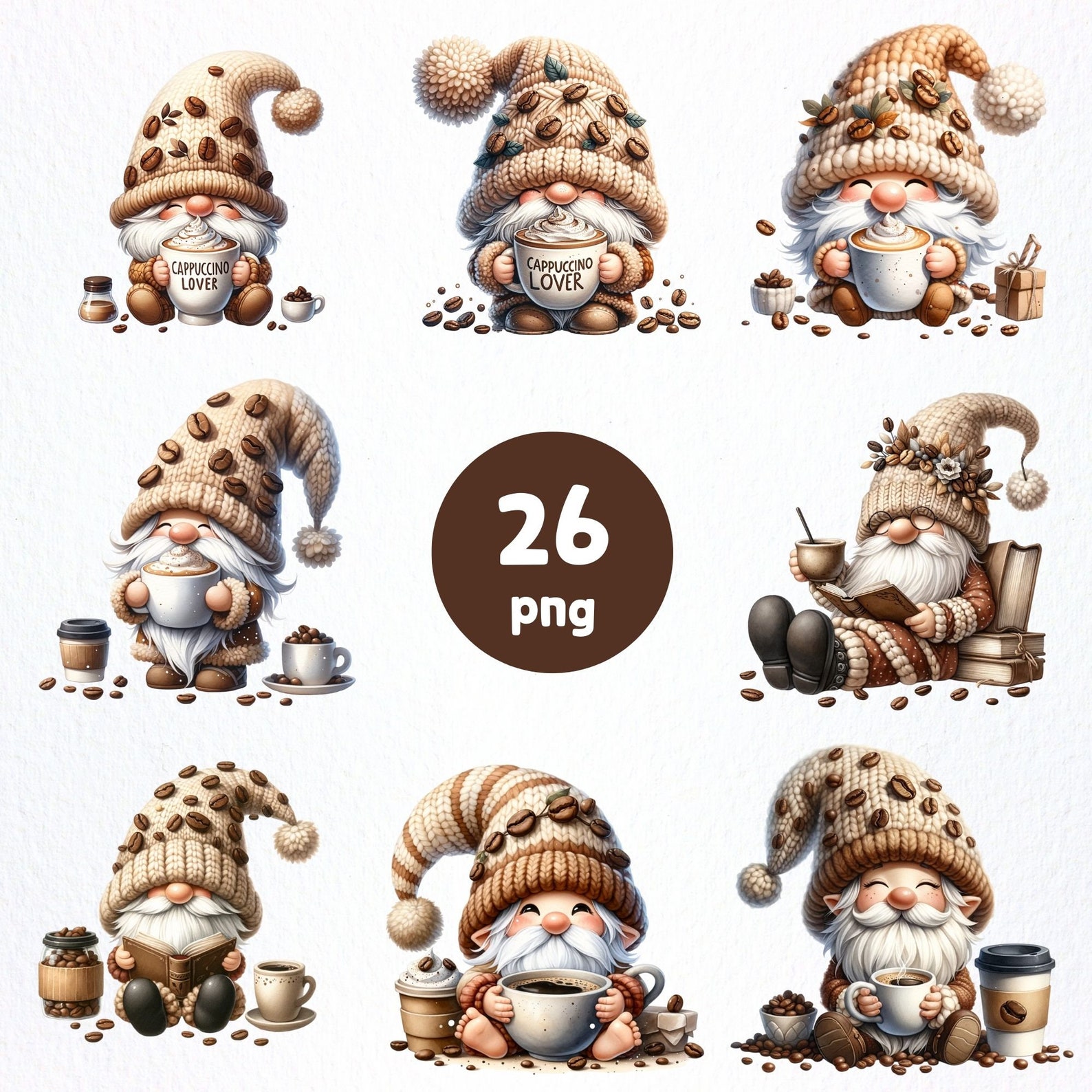 Watercolor Coffee Lover Gnomes, Coffee Gnomes Png, Coffee Beans Gnome ...